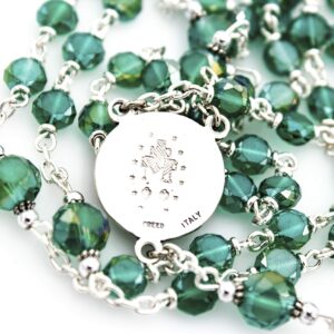 Religuious Italian Silver Rosary with 6mm Emerald Green Austrian Crystal beads and miraculous medal dangle