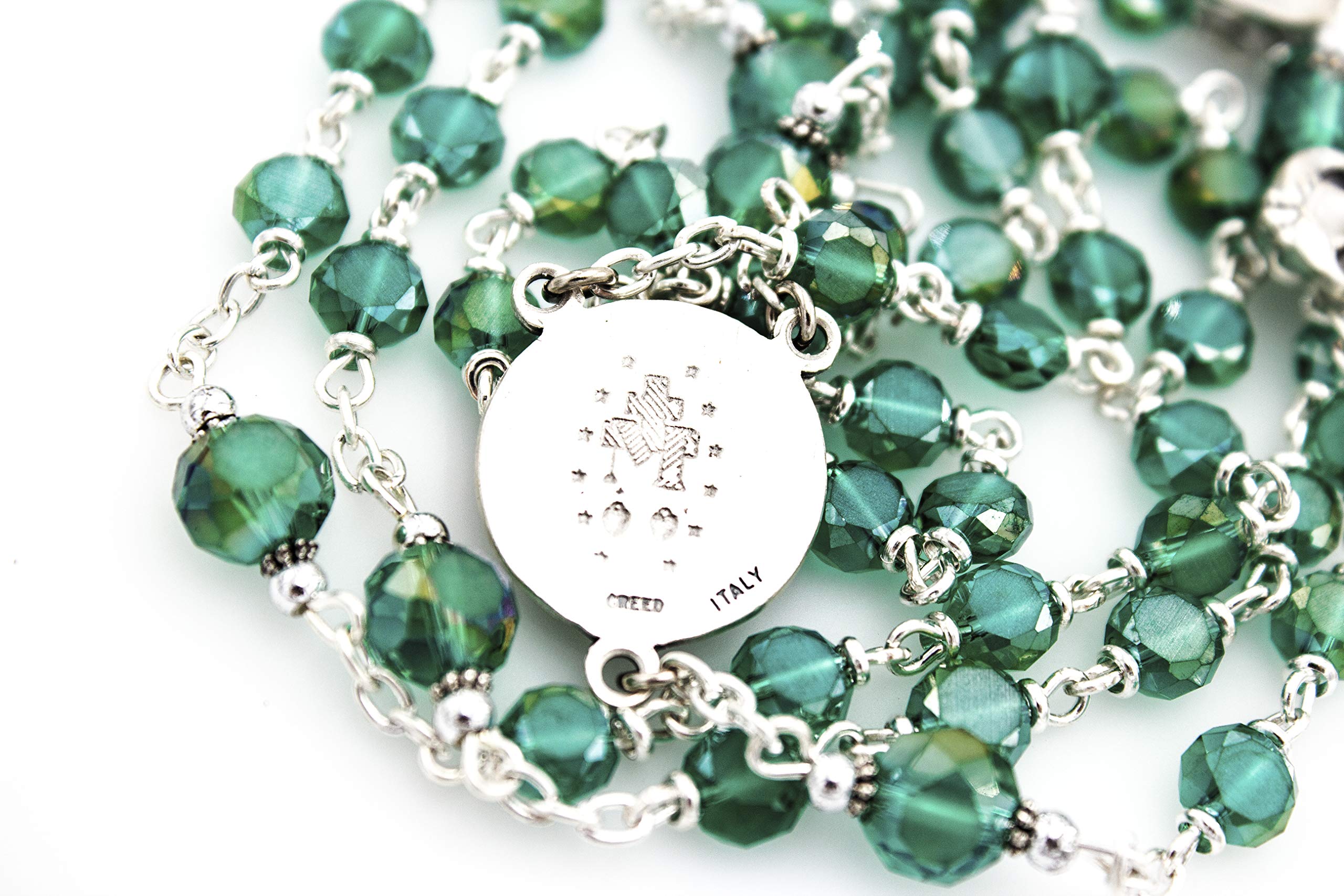 Religuious Italian Silver Rosary with 6mm Emerald Green Austrian Crystal beads and miraculous medal dangle