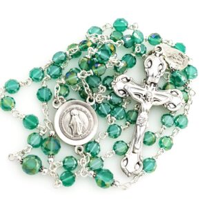 Religuious Italian Silver Rosary with 6mm Emerald Green Austrian Crystal beads and miraculous medal dangle