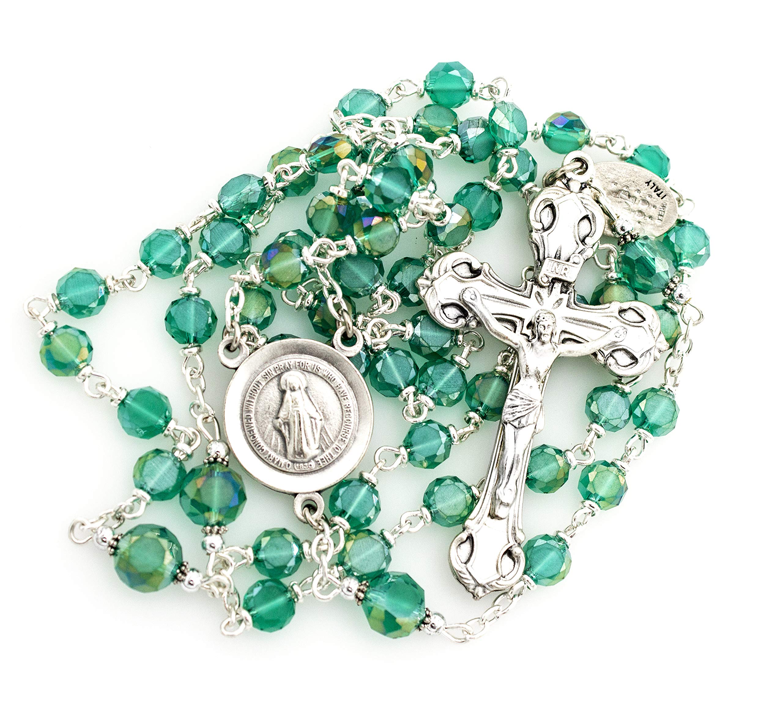 Religuious Italian Silver Rosary with 6mm Emerald Green Austrian Crystal beads and miraculous medal dangle