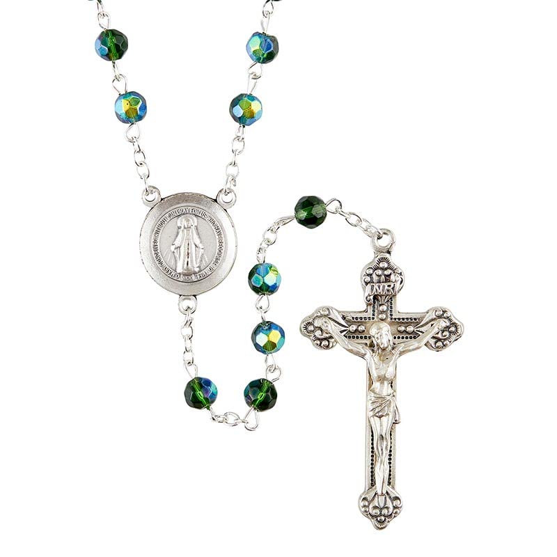 Religuious Italian Silver Rosary with 6mm Emerald Green Austrian Crystal beads and miraculous medal dangle