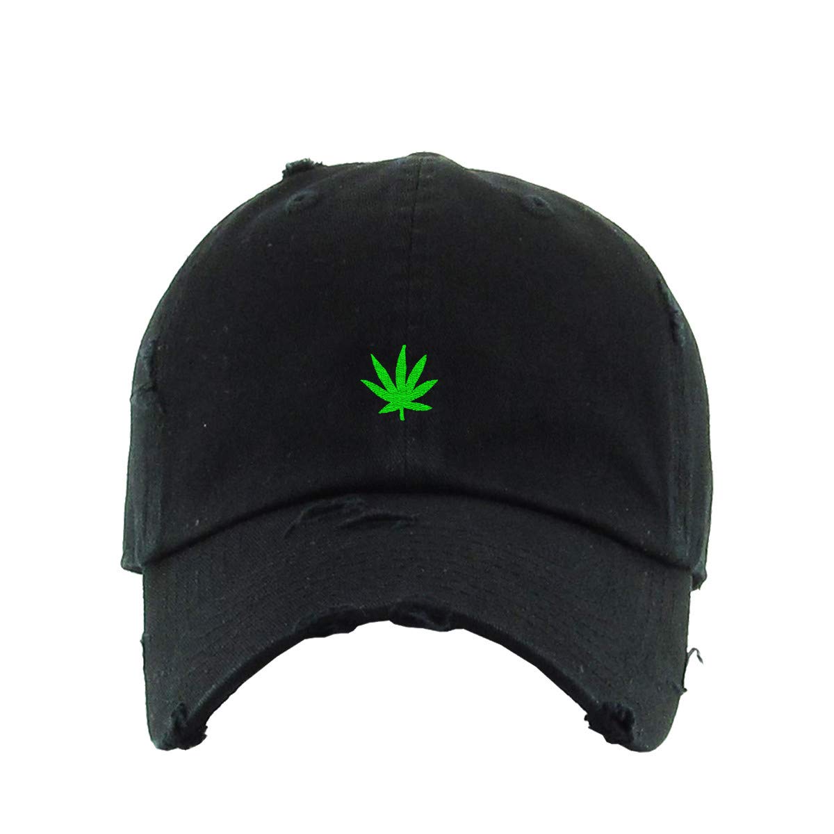 Marijuana Leaf Vintage Baseball Cap Embroidered Cotton Adjustable Distressed Dad Hat Black