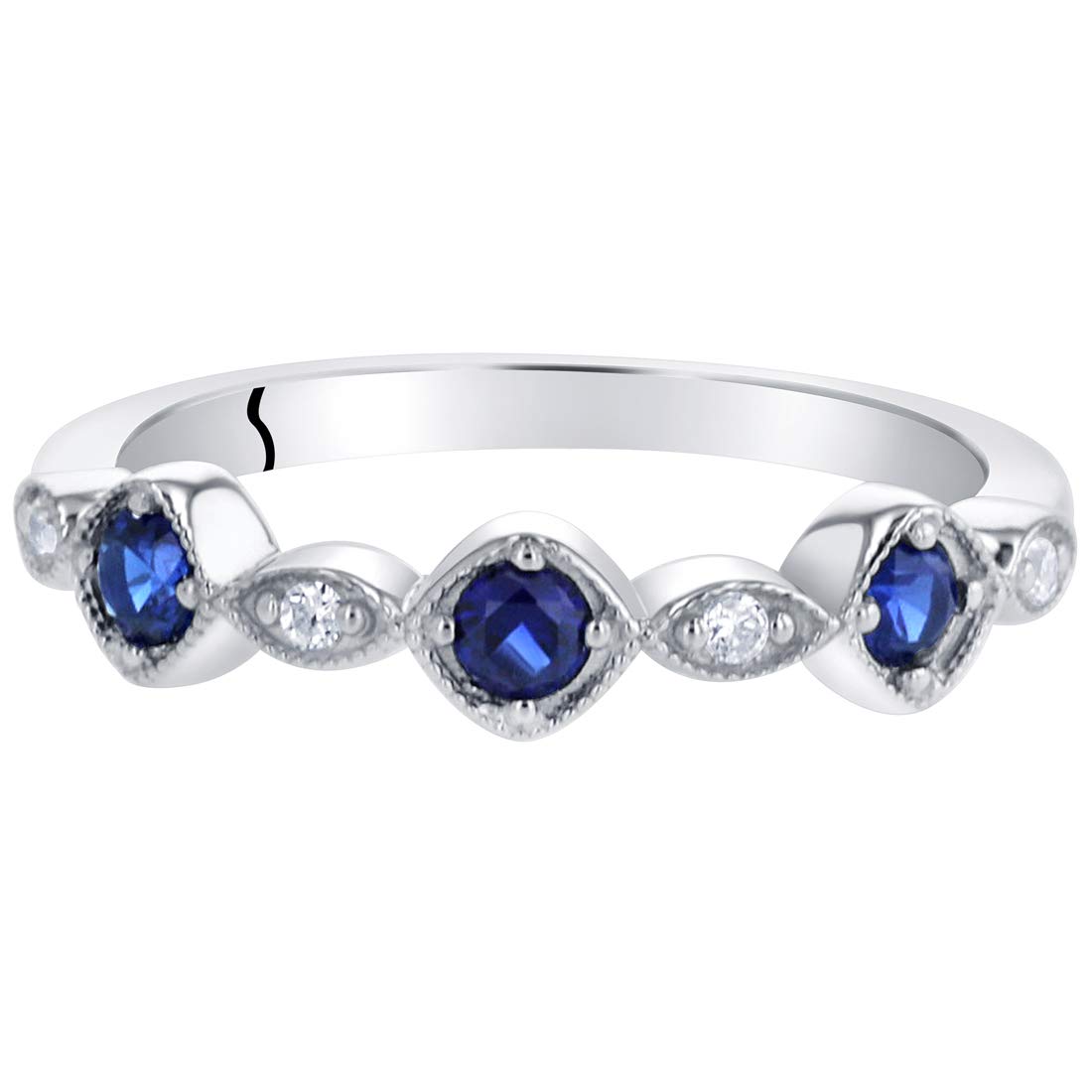 PEORA Created Blue Sapphire Stackable Ring in Sterling Silver, Marquise and Round Band for Women, 2mm Sizes 7