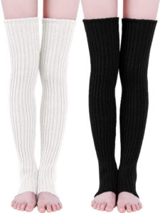 sumind 2 pairs women long stirrup leg warmers winter knitted over knee thigh high long socks 80s (black and white)