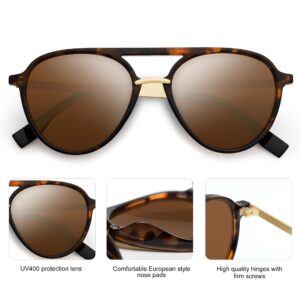 SOJOS Retro Aviator Polarized Sunglasses for Women Men Double Bridge Ladies Shades SJ2078 with Amber Tortoise Frame/Flash Mirrored Brown Lens