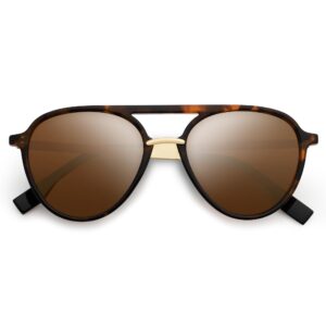 SOJOS Retro Aviator Polarized Sunglasses for Women Men Double Bridge Ladies Shades SJ2078 with Amber Tortoise Frame/Flash Mirrored Brown Lens