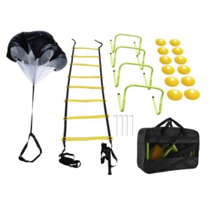 yaegoo speed agility training set, include 1 resistance parachute, 1 agility ladder with 4 steel stakes, 4 adjustable hurdles, 12 disc cones and a storage bag