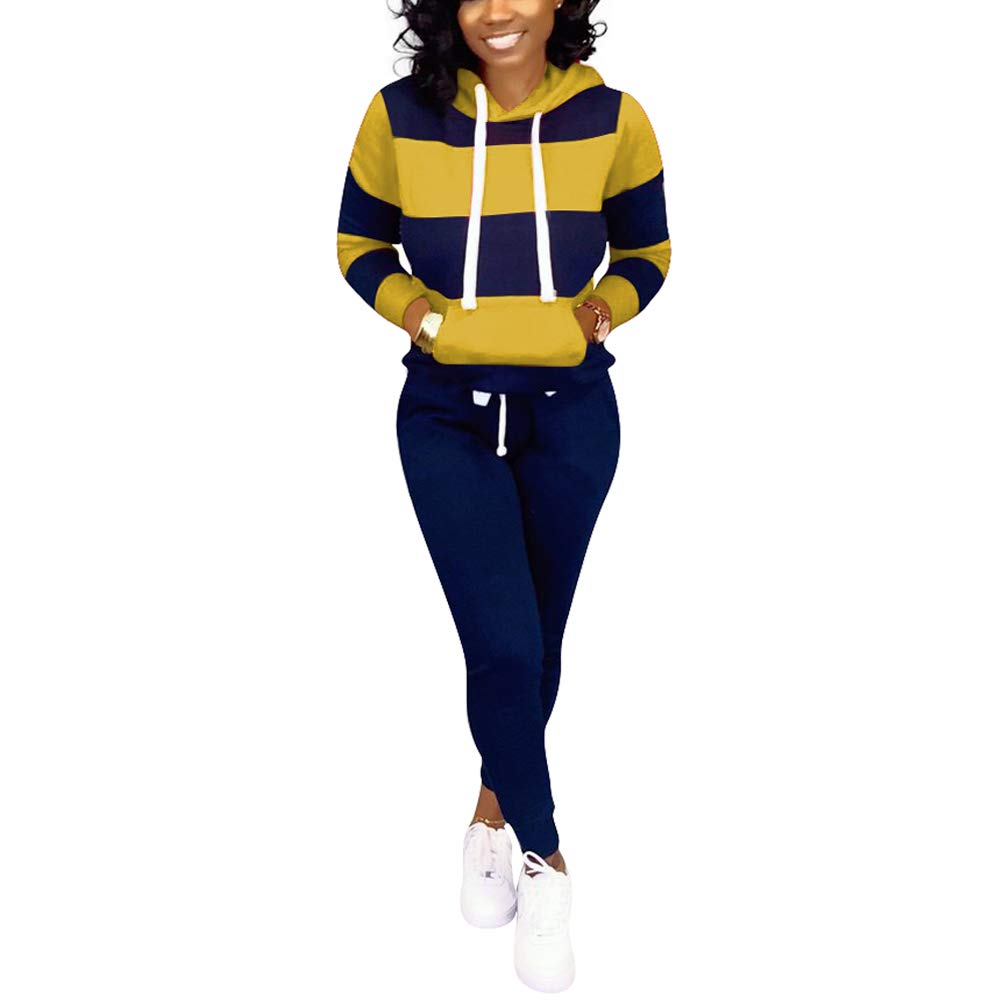 Nimsruc Womens 2 Piece Tracksuit Long Sleeve Casual Patchwork Hooded Collar Pants Set Yellow XXL