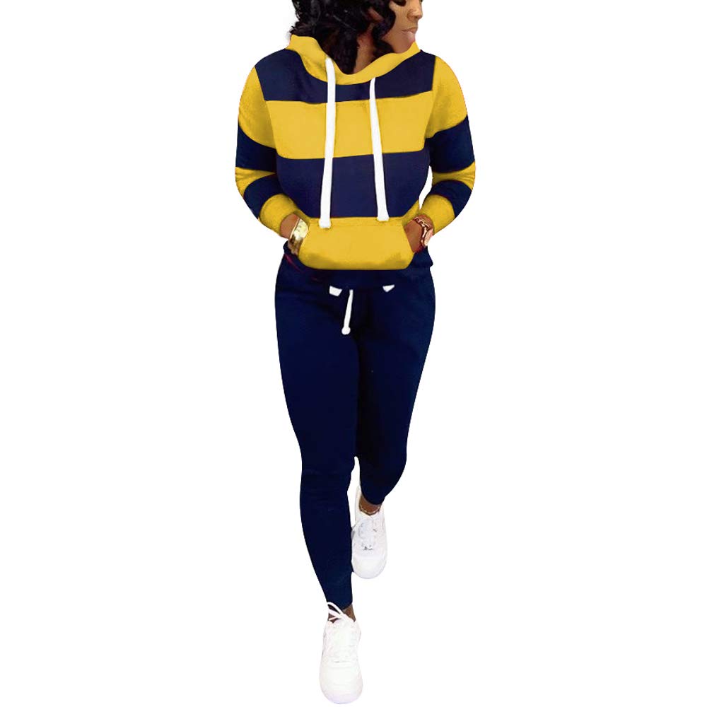 Nimsruc Womens 2 Piece Tracksuit Long Sleeve Casual Patchwork Hooded Collar Pants Set Yellow XXL