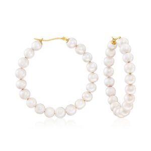 ross-simons 6-7mm cultured pearl hoop earrings in 14kt yellow gold