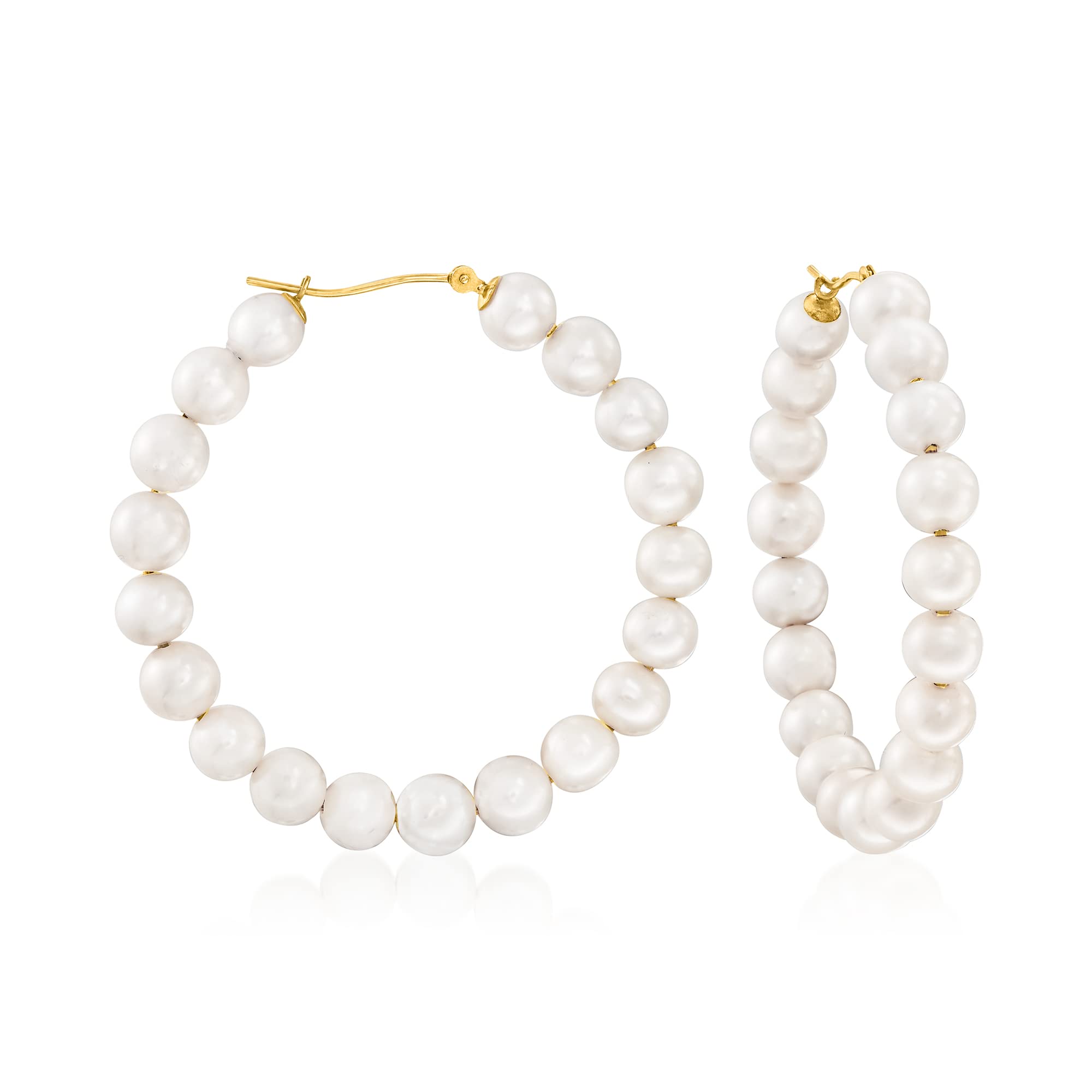 Ross-Simons 6-7mm Cultured Pearl Hoop Earrings in 14kt Yellow Gold