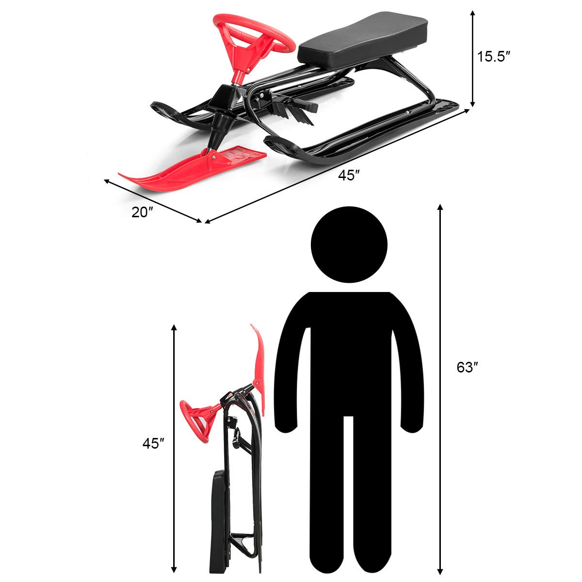 Goplus Steering Ski Snow Racer Sled w/Twin Brakes, Steel Frame & High Density HDPE Sledge for Teens and Kids Age 3 & Up (Red)