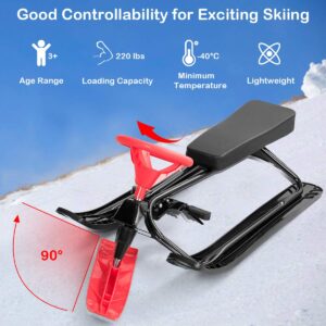 Goplus Steering Ski Snow Racer Sled w/Twin Brakes, Steel Frame & High Density HDPE Sledge for Teens and Kids Age 3 & Up (Red)