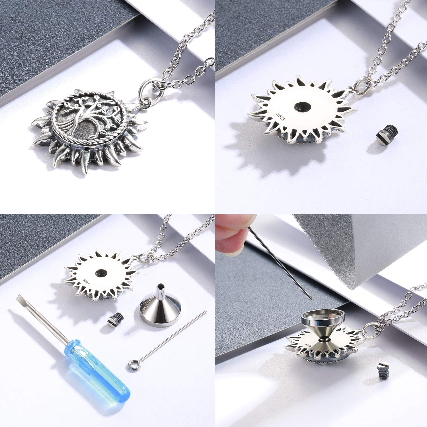 925 Sterling Silver Urn Necklace for Ashes-Sunshine Cremation Keepsake Pendant Tree of Life Ashes Necklace Jewelry Cremation Memorial Gifts for Men Women