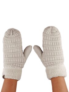 c.c unisex winter warm inner fuzzy lined anti-slip cuff mittens, ivory