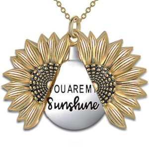 mylittlesunflower - you are my sunshine necklace - sunflower necklace locket with engraved hidden message pendant for women, mother, daughter