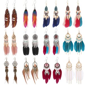 kinimore 12 pairs women feather earrings vintage bohemian earrings long drop dangle earrings set with dream catcher design christmas gift