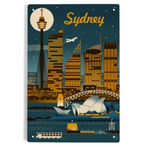 lantern press 6x9 inch metal sign, sydney, australia, retro skyline