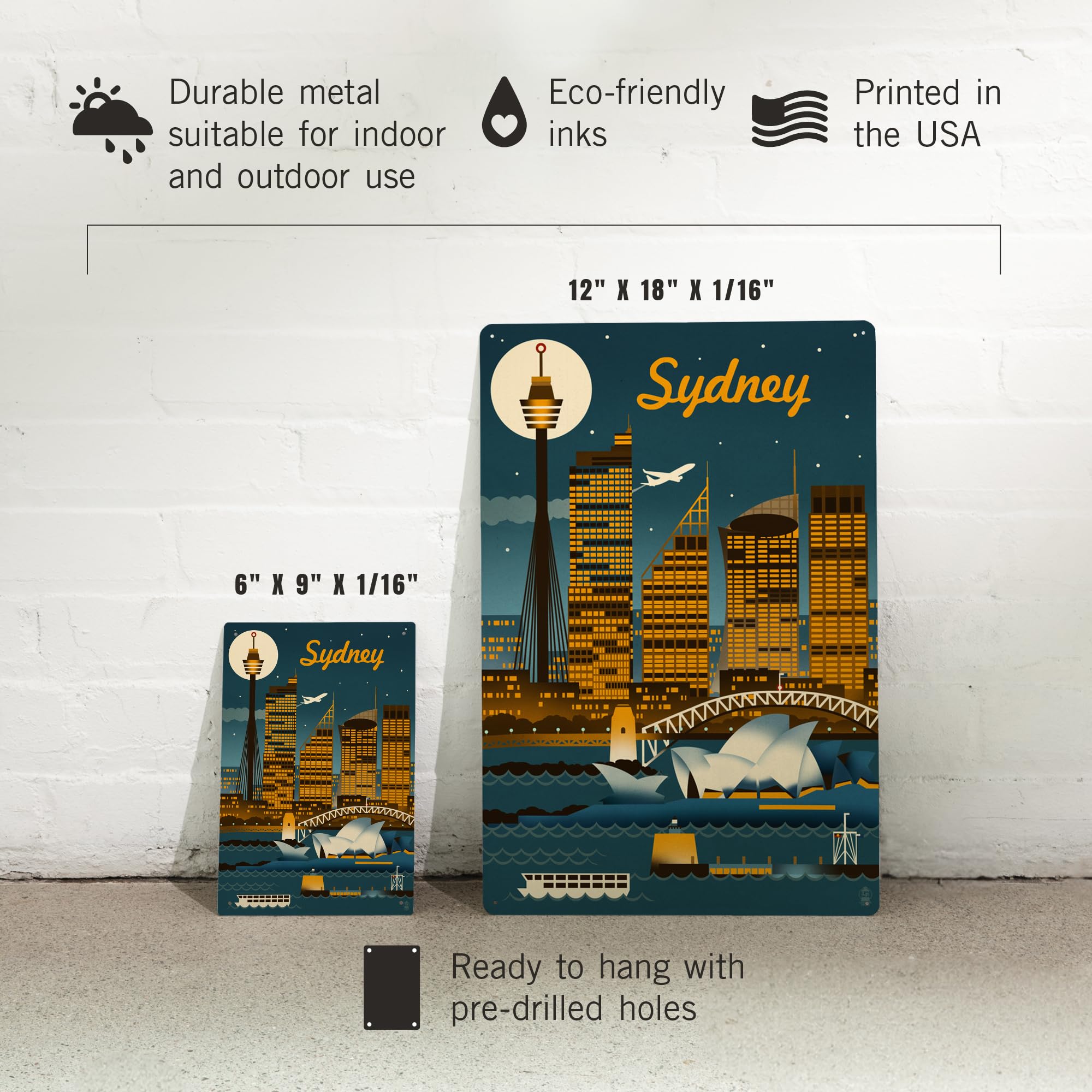 Lantern Press 6x9 Inch Metal Sign, Sydney, Australia, Retro Skyline