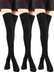 satinior 3 pairs thigh high socks cotton over knee socks knit long boot stocking, black, medium