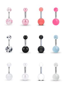 ftovosyo 12pc belly button rings banana barbells 14g surgical steel bar mix color body piercing jewelry for women pink black