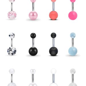 Ftovosyo 12PC Belly Button Rings Banana Barbells 14G Surgical Steel Bar Mix Color Body Piercing Jewelry for Women Pink Black