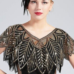 BABEYOND 1920s Shawl Wraps Sequin Beaded Evening Cape Bridal Shawl (Black Gold)