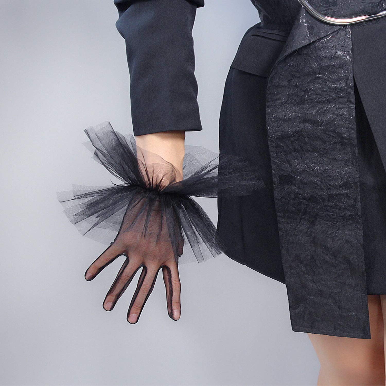 DooWay Women Fashion Ruffle Gloves Black Clown Cuffs Puffy Wrist Tulle Gloves Touchscreen Dressy Evening Tea Party