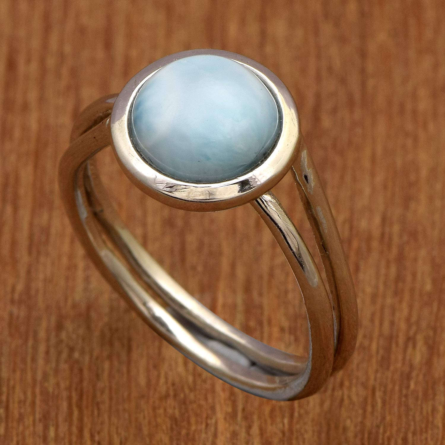 Natural 8 MM Round Larimar Gemstone Ring Split Band White Rhodium Sterling Silver (8)