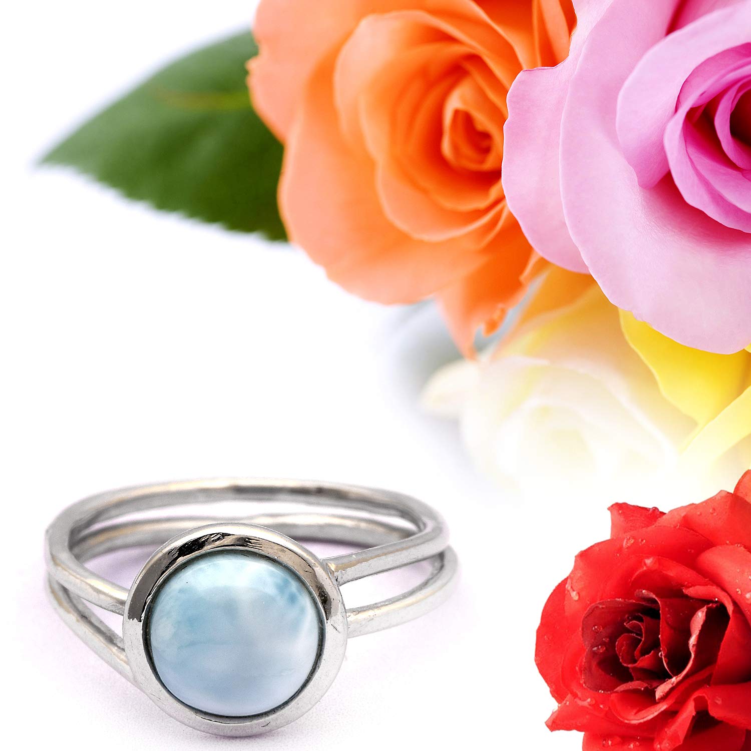 Natural 8 MM Round Larimar Gemstone Ring Split Band White Rhodium Sterling Silver (8)