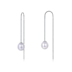 molah 925 sterling silver genuine cultured freshwater pearl 8-8.5mm threader earrings rhodium plated