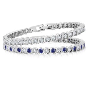 gem stone king 2 piece round white cubic zirconia and simulated blue sapphire set of 2 tennis bracelets for women 4.50 ct each, 7 inch length