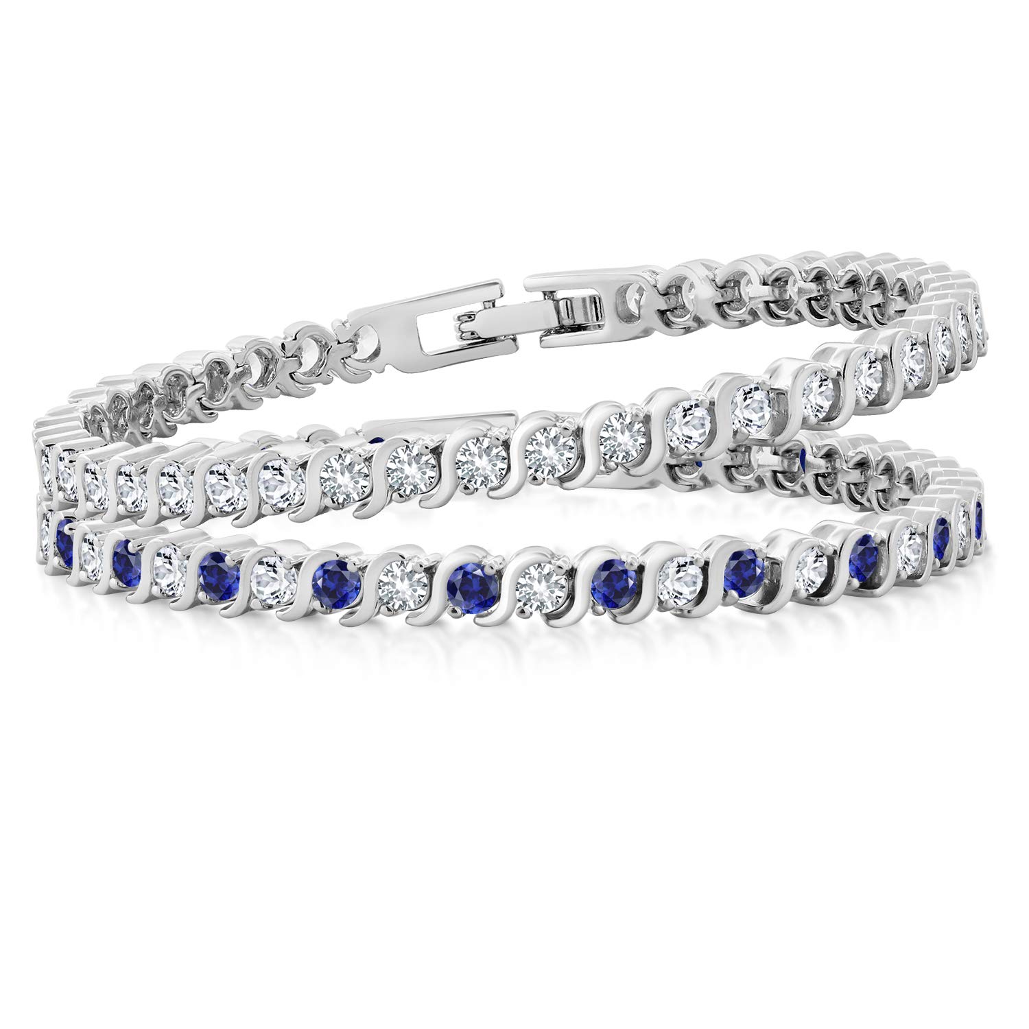 Gem Stone King 2 Piece Round White Cubic Zirconia and Simulated Blue Sapphire Set of 2 Tennis Bracelets for Women 4.50 Ct Each, 7 Inch Length