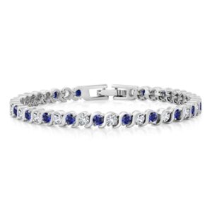 Gem Stone King 2 Piece Round White Cubic Zirconia and Simulated Blue Sapphire Set of 2 Tennis Bracelets for Women 4.50 Ct Each, 7 Inch Length