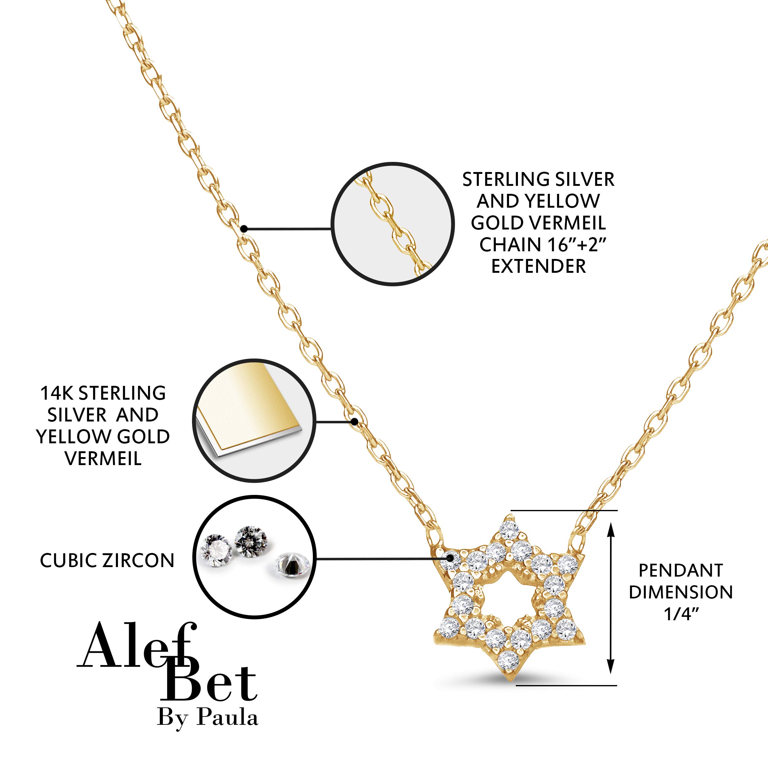 Alef Bet by Paula Jewish Star of David Necklace in a Sparkling Yellow Gold with Stones for Women to Wear Daily as a Symbol of Faith