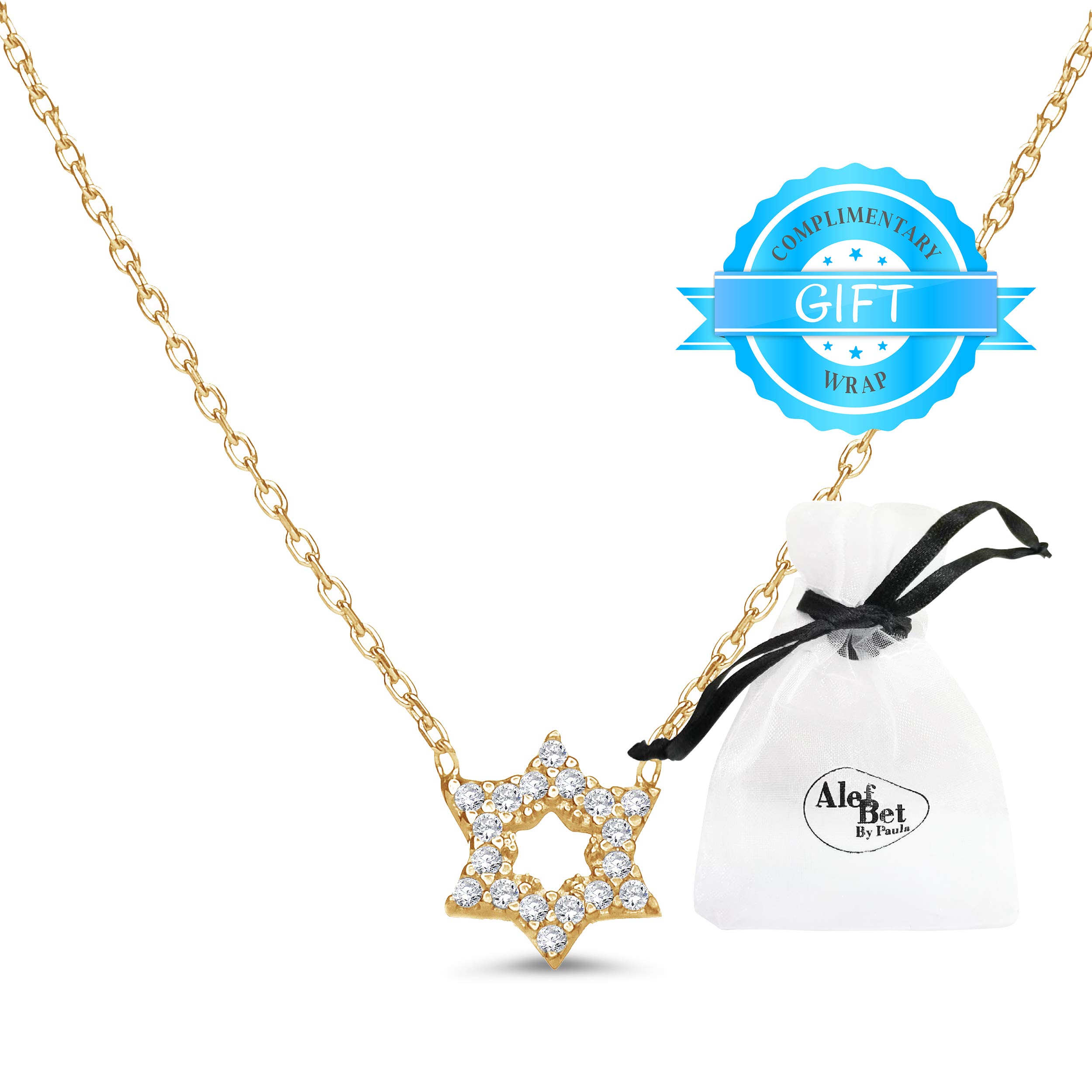 Alef Bet by Paula Jewish Star of David Necklace in a Sparkling Yellow Gold with Stones for Women to Wear Daily as a Symbol of Faith