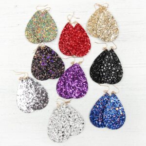 Sparkly Sequin Glitter Geometric Lightweight Simple Drop Statement Earrings - Bohemian Hook Dangles Faux Leather Teardrop (Shield Dangle - Glitter Mint)