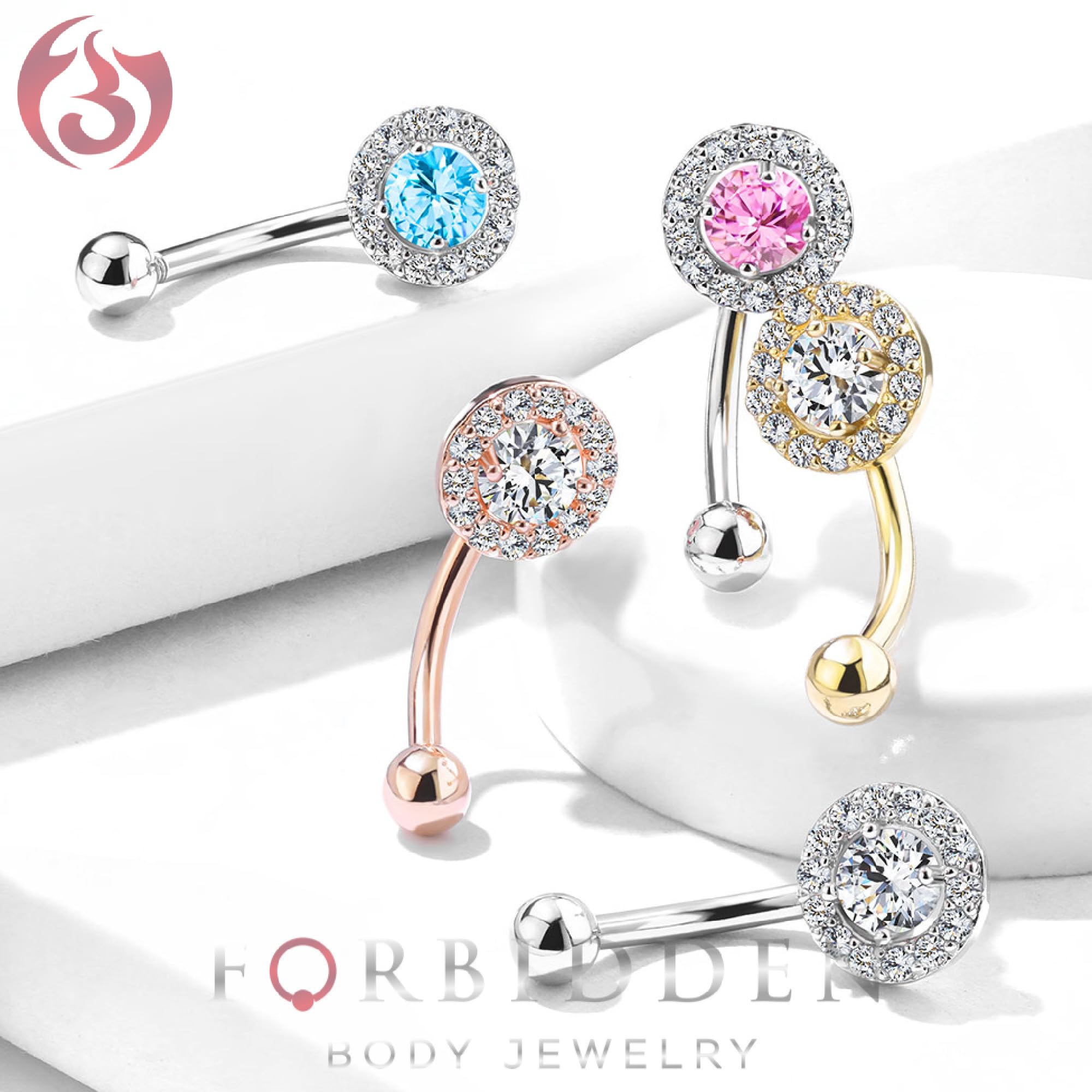 Forbidden Body Jewelry 16g 8mm Curved Barbell for Daith, Eyebrow, Rook & Belly w/Double Tier Round CZ Top, Clear/Rose Gold Tone