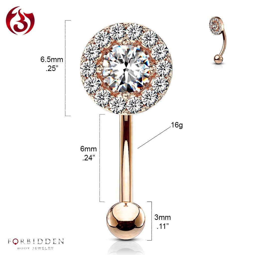 Forbidden Body Jewelry 16g 8mm Curved Barbell for Daith, Eyebrow, Rook & Belly w/Double Tier Round CZ Top, Clear/Rose Gold Tone