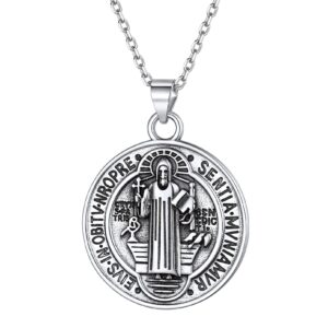 nofade silver saint benedict cross necklace for men women, 925 sterling silver round st benedict pendant necklace coin medallion necklace talisman amulet jewelry