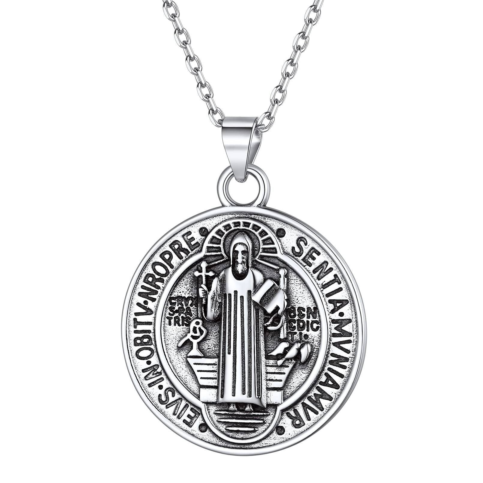 Nofade Silver Saint Benedict Cross Necklace for Men Women, 925 Sterling Silver Round St Benedict Pendant Necklace Coin Medallion Necklace Talisman Amulet Jewelry