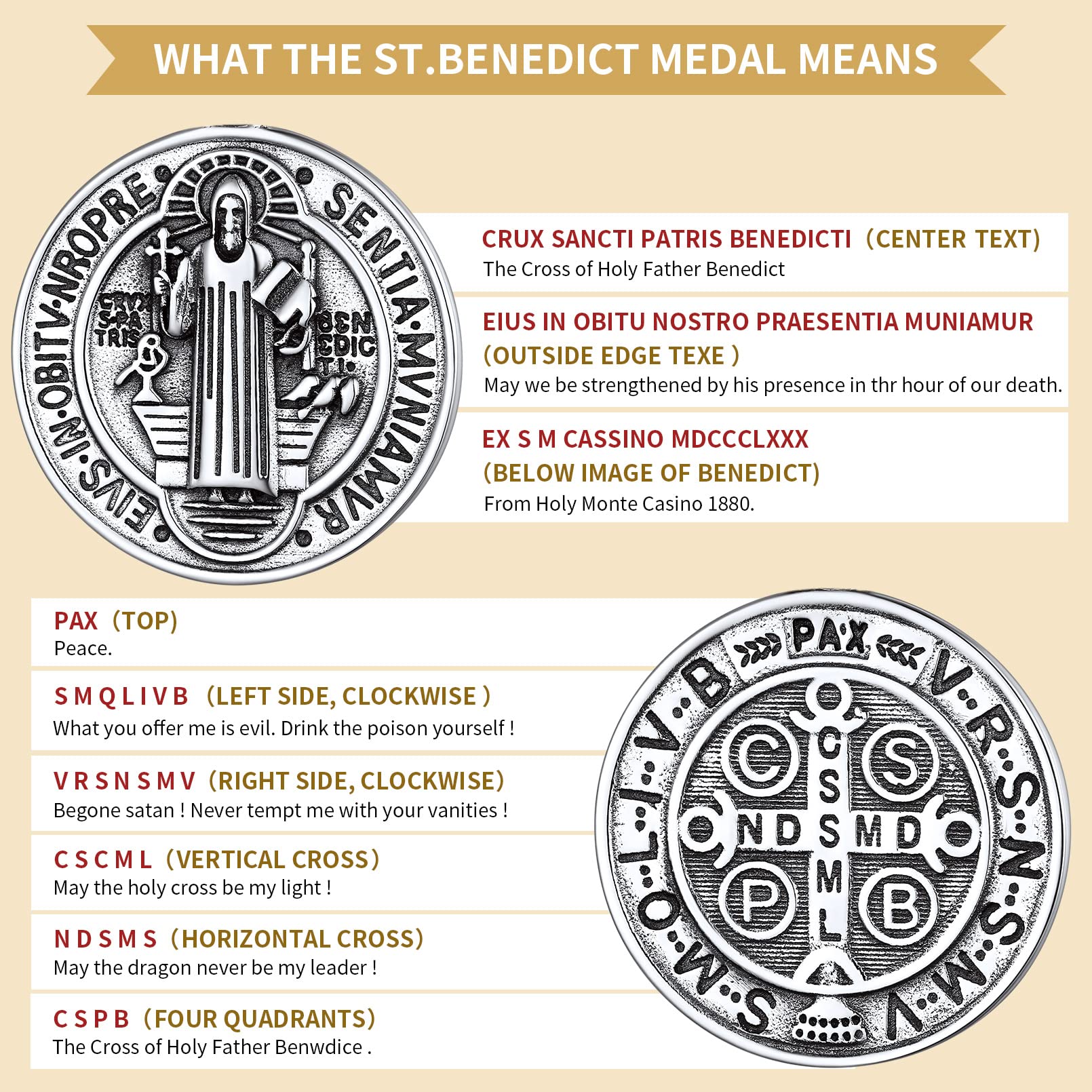 Nofade Silver Saint Benedict Cross Necklace for Men Women, 925 Sterling Silver Round St Benedict Pendant Necklace Coin Medallion Necklace Talisman Amulet Jewelry