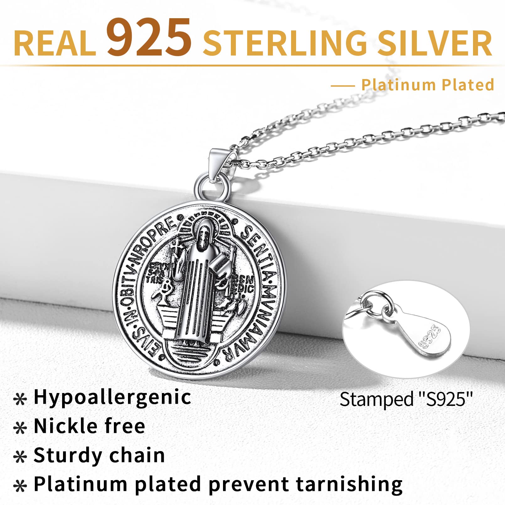 Nofade Silver Saint Benedict Cross Necklace for Men Women, 925 Sterling Silver Round St Benedict Pendant Necklace Coin Medallion Necklace Talisman Amulet Jewelry