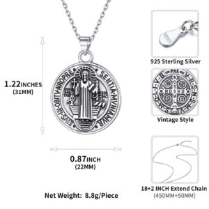 Nofade Silver Saint Benedict Cross Necklace for Men Women, 925 Sterling Silver Round St Benedict Pendant Necklace Coin Medallion Necklace Talisman Amulet Jewelry