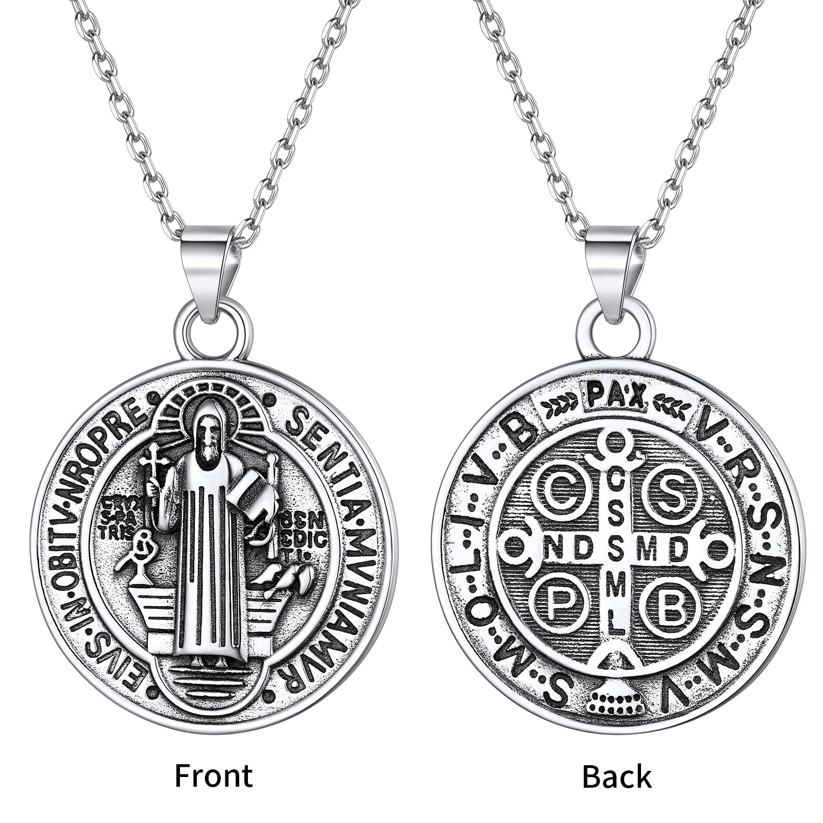 Nofade Silver Saint Benedict Cross Necklace for Men Women, 925 Sterling Silver Round St Benedict Pendant Necklace Coin Medallion Necklace Talisman Amulet Jewelry