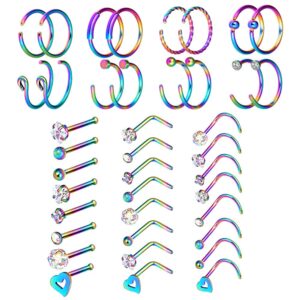 qmcandy 40pcs 20g rainbow nose rings studs nose rings hoop fashion piercings hoop jewelry stainless steel nose rings