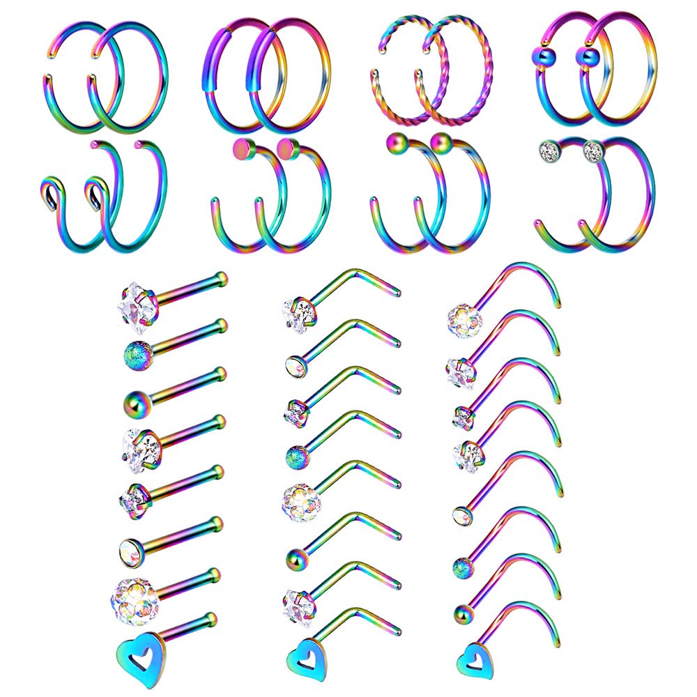 Qmcandy 40Pcs 20G Rainbow Nose Rings Studs Nose Rings Hoop Fashion Piercings Hoop Jewelry Stainless Steel Nose Rings