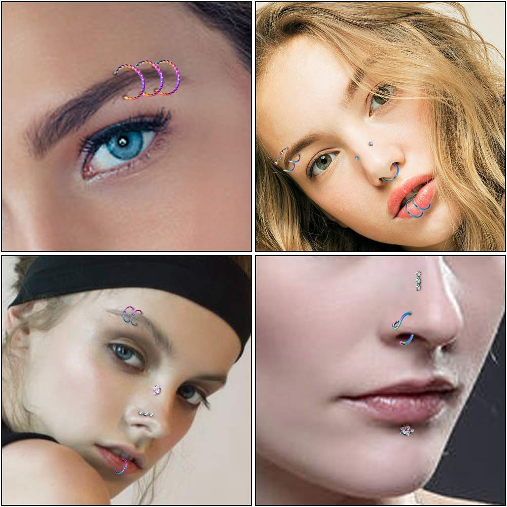 Qmcandy 40Pcs 20G Rainbow Nose Rings Studs Nose Rings Hoop Fashion Piercings Hoop Jewelry Stainless Steel Nose Rings