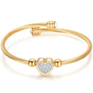 jude jewelers stainless steel cable wire heart charm bangle bracelet (gold)