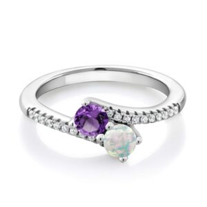 gem stone king 925 sterling silver purple amethyst and white opal bypass ring for women (0.74 cttw, gemstone february birthstone, round 4mm, available in size 5, 6, 7, 8, 9)